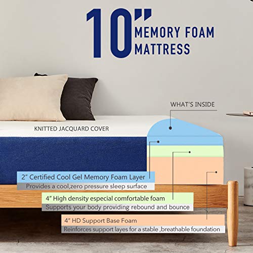 JINGWEI Queen Mattress, 10 inch Gel Infused Memory Foam Mattress in a Box, Premium Bed Mattress with Breathable Soft Cover - Medium Firm Feel-Ventilated Design for Sleep Supportive & Pressure Relief