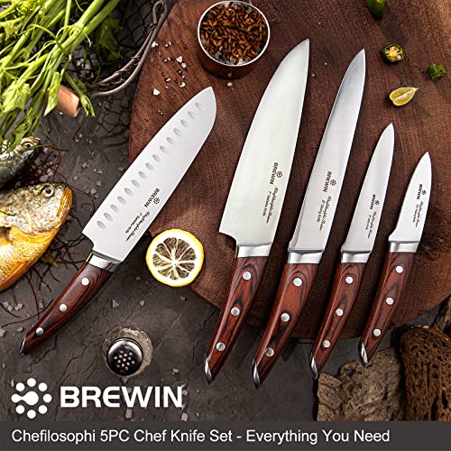 Brewin CHEFILOSOPHI Chef Knife Set 5 PCS with Elegant Red Pakkawood Handle Ergonomic Design,Professional Ultra Sharp Kitchen Knives for Cooking High Carbon Stainless Steel Japanese Chef's Knife