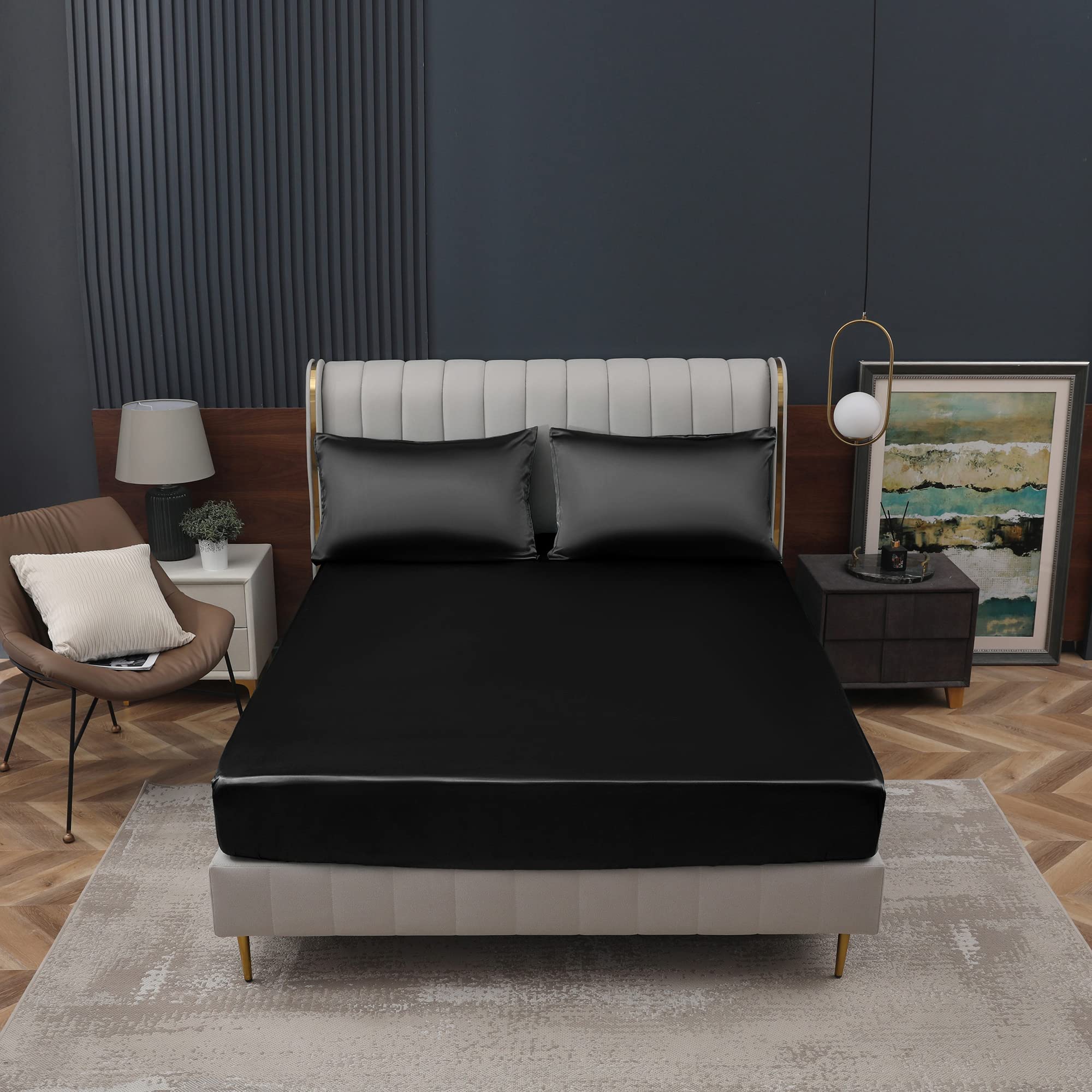 Homiest Black Satin Fitted Sheet Full Size Fitted Bed Sheet, Deep Pocket Fitted Sheet Only, Luxury & Ultra Soft Bedding Fitted Sheet Single Bottom Bed Sheets Sold Separately