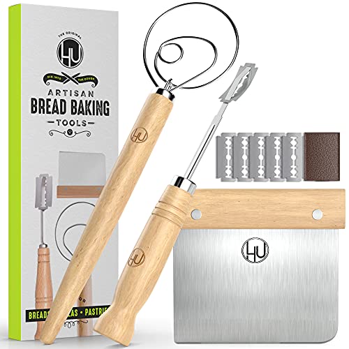 Bread Making Tools and Supplies - Set of 3 - Danish Dough Whisk, Bread Lame, Bench Scraper - Dough Hook with Bread Scraper, Lame Bread Tool, Blades - Great for Baking Sourdough, Pizza, Pastry by LHU