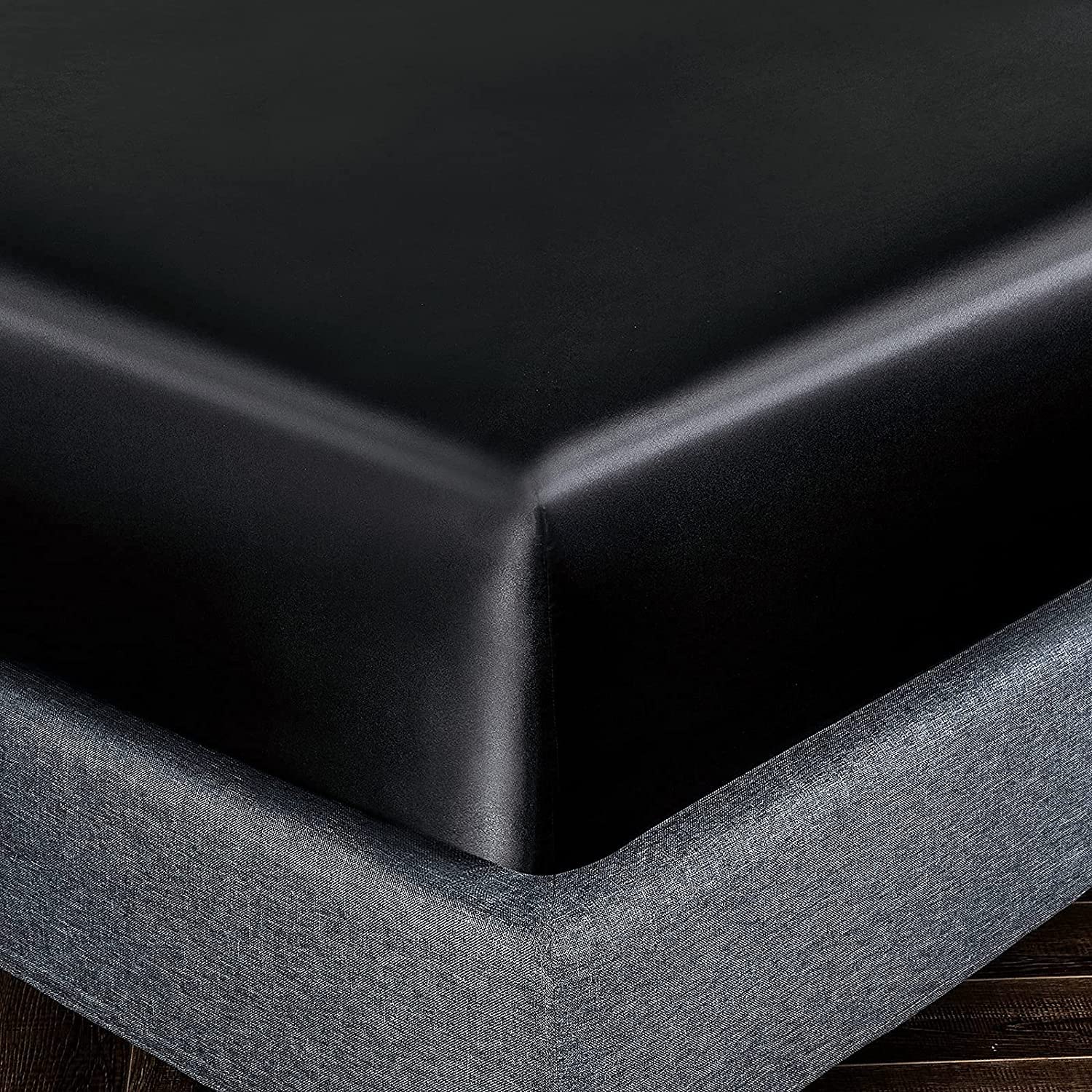 Homiest Black Satin Fitted Sheet Full Size Fitted Bed Sheet, Deep Pocket Fitted Sheet Only, Luxury & Ultra Soft Bedding Fitted Sheet Single Bottom Bed Sheets Sold Separately