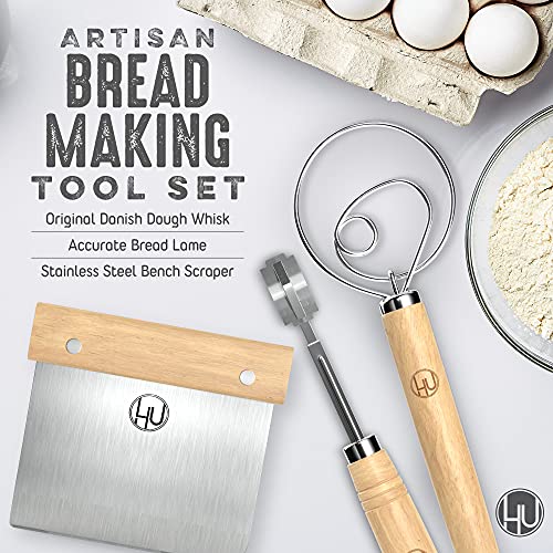 Bread Making Tools and Supplies - Set of 3 - Danish Dough Whisk, Bread Lame, Bench Scraper - Dough Hook with Bread Scraper, Lame Bread Tool, Blades - Great for Baking Sourdough, Pizza, Pastry by LHU