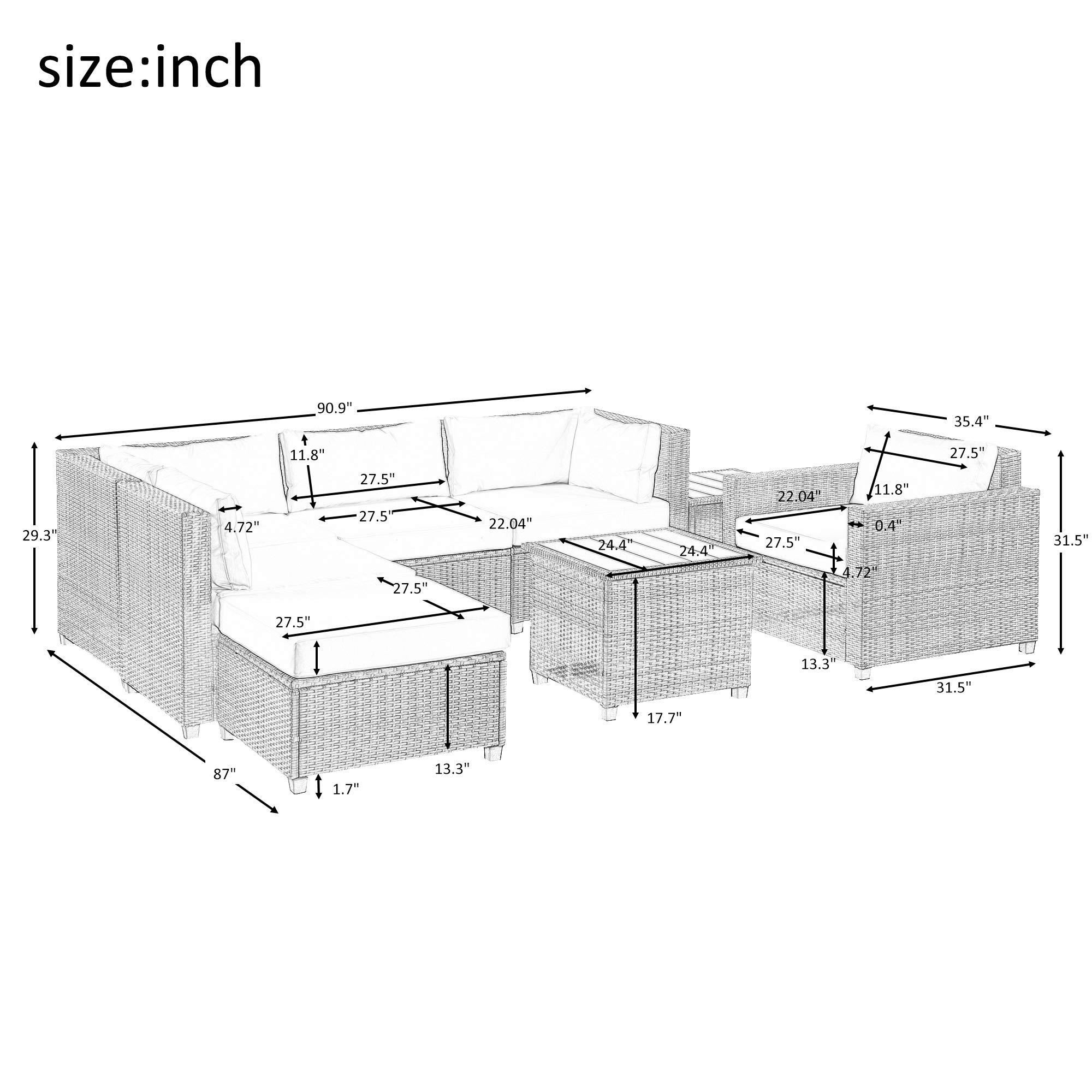 Merax, Beige 8 PCS Patio Conversation Sets PE Rattan Wicker Outdoor Sectional Group with Table and Cushions