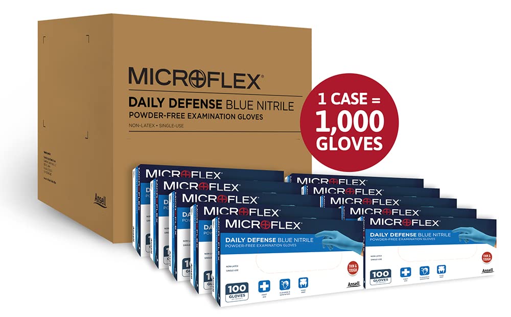MICROFLEX 10-733 Daily Defense Disposable Rubber Gloves for Cleaning, Food Prep, First Aid - Small, Blue (Case of 1000)