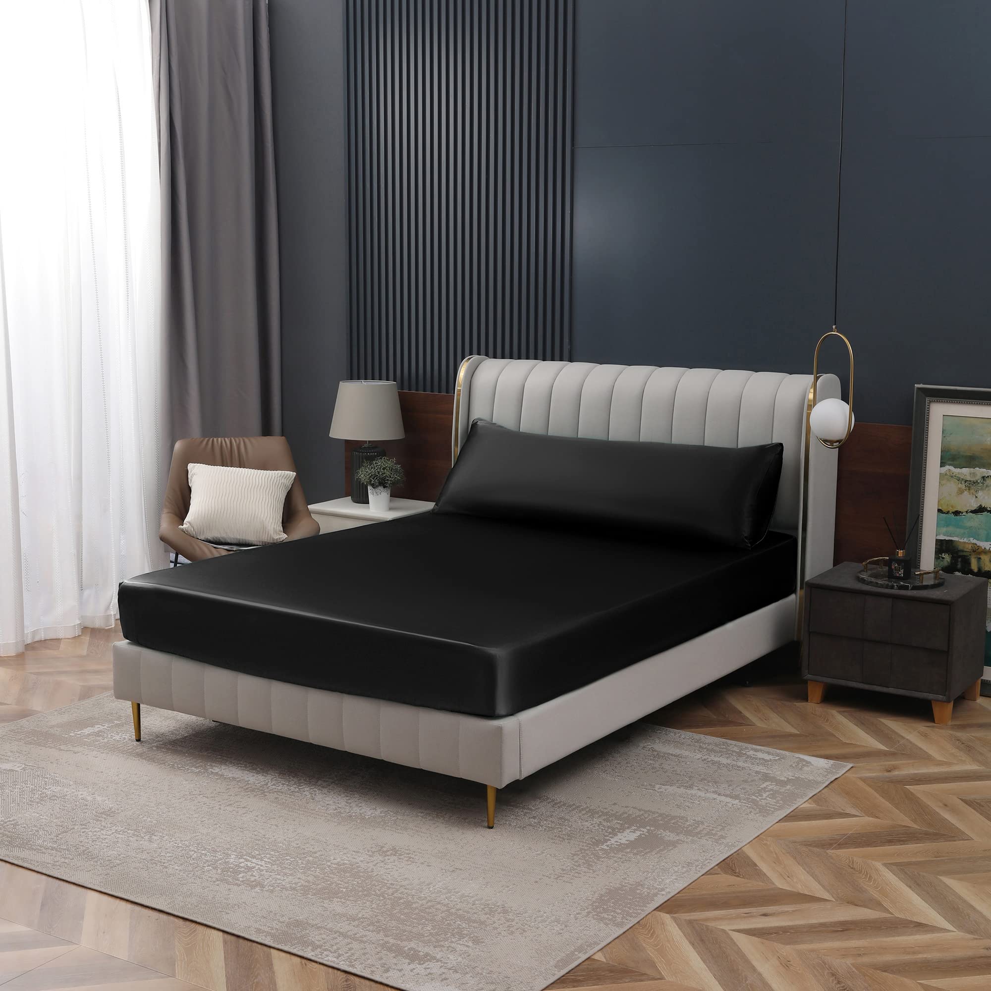 Homiest Black Satin Fitted Sheet Full Size Fitted Bed Sheet, Deep Pocket Fitted Sheet Only, Luxury & Ultra Soft Bedding Fitted Sheet Single Bottom Bed Sheets Sold Separately