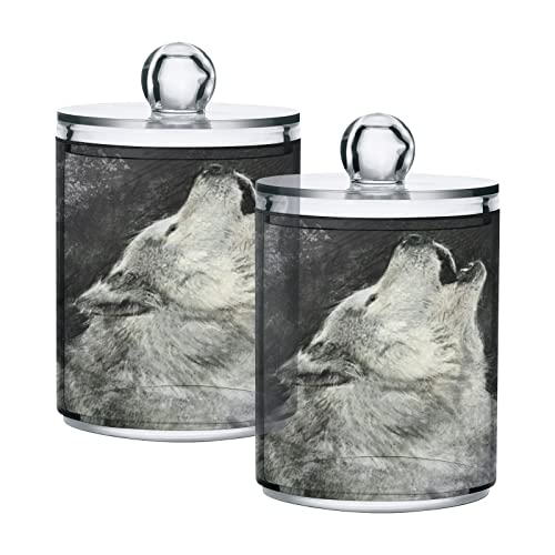Kigai Watercolor Cool Wolf Qtip Holder Dispenser with Lids 2PCS -Bathroom Storage Organizer Set, Clear Apothecary Jars Food Storage Containers, for Tea, Coffee, Cotton Ball, Floss