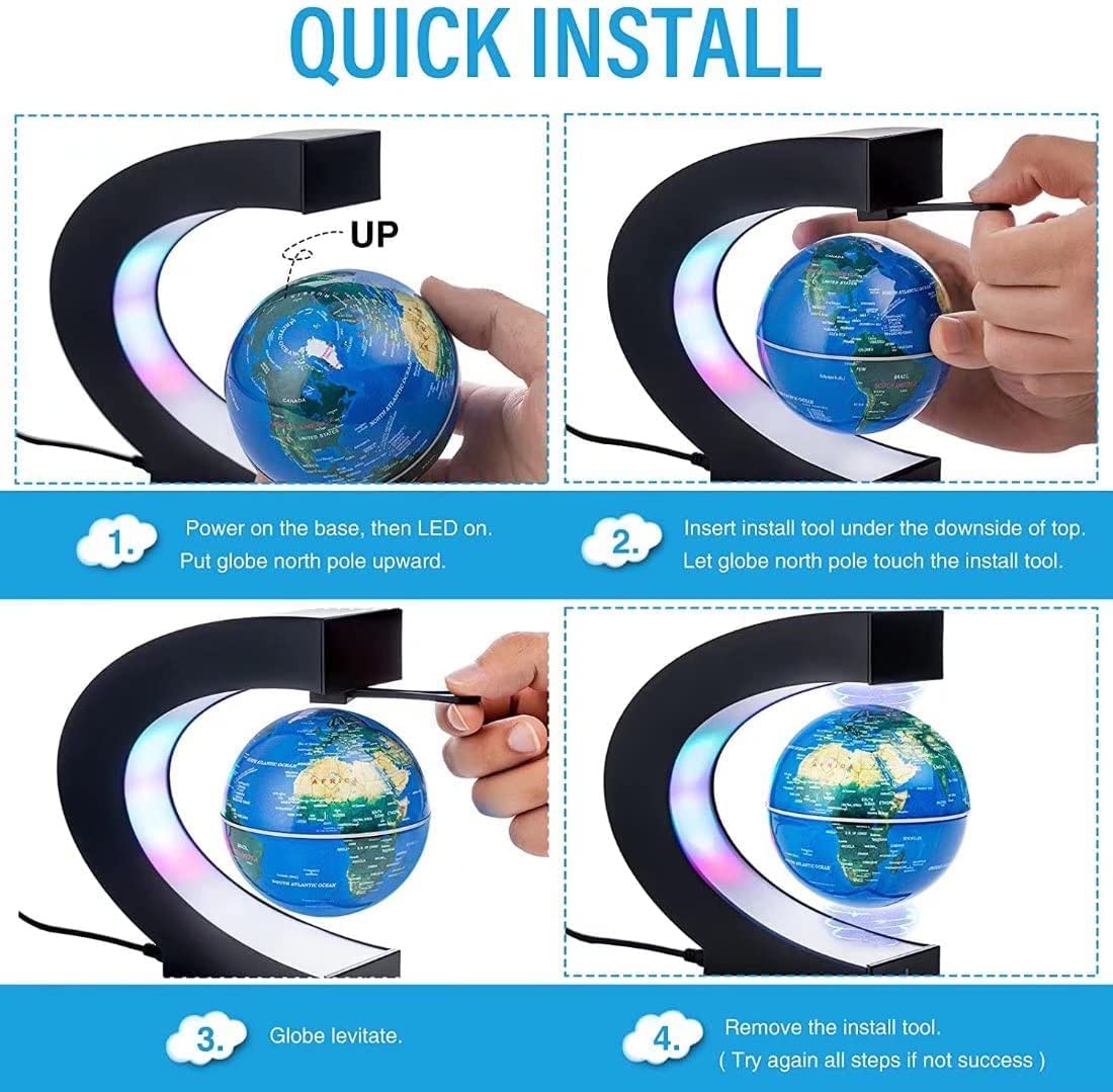 Magnetic Levitating Globe, Floating Globes with LED light, Anti Gravity World Map with C Shape Base, Desk Gadget Decor in Office/Home, Educational/Birthday Gifts for Kids