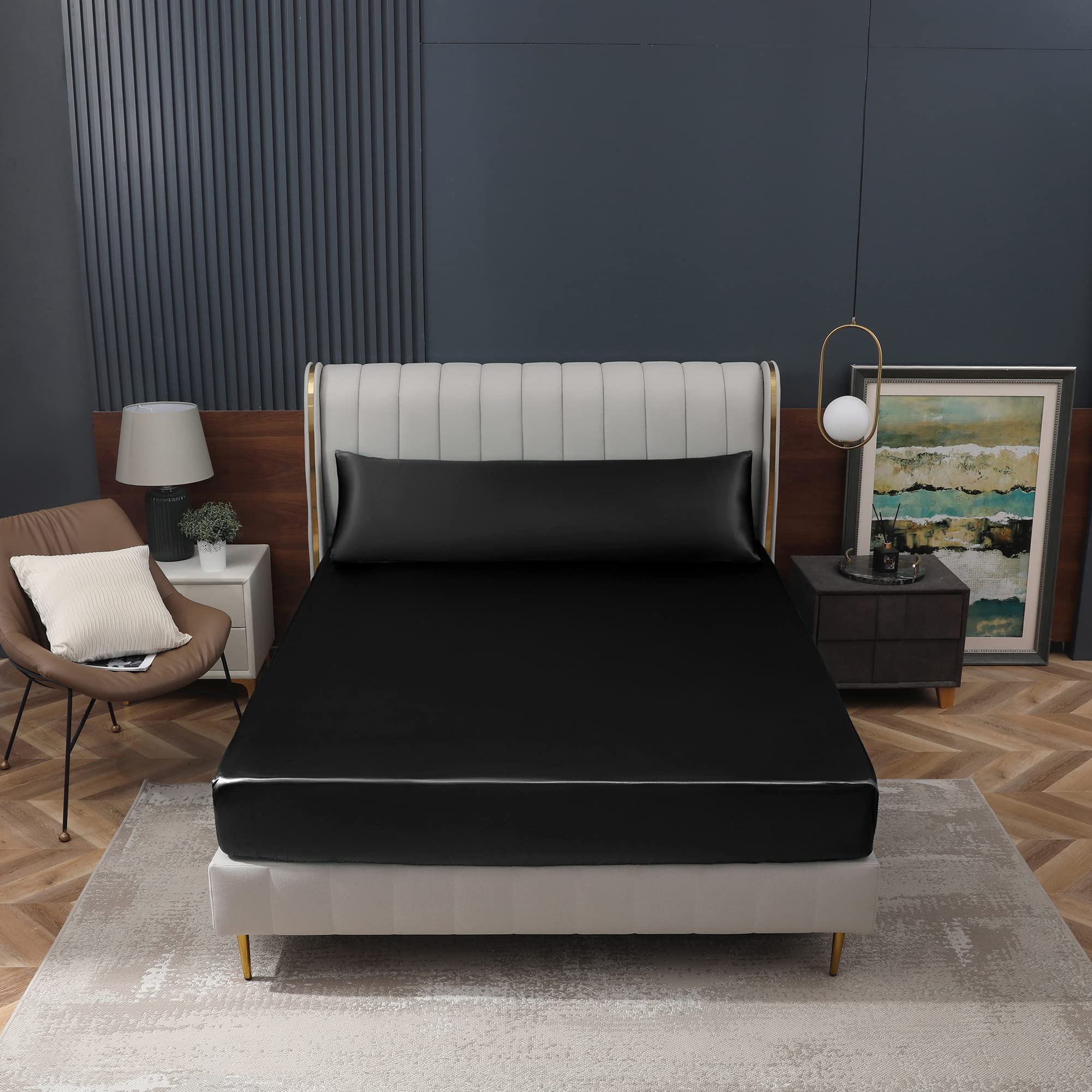 Homiest Black Satin Fitted Sheet Full Size Fitted Bed Sheet, Deep Pocket Fitted Sheet Only, Luxury & Ultra Soft Bedding Fitted Sheet Single Bottom Bed Sheets Sold Separately