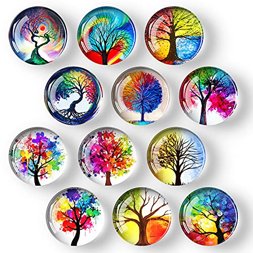 COSOW 12Pcs Glass Strong Magnetic Refrigerator Magnet Fridge Sticker - Round Life Tree Glass Fridge Decoration, Office Whiteboard Magnet, Cabinet Magnet, Dishwasher Magnet, Cabinet Cute Locker Magnet…