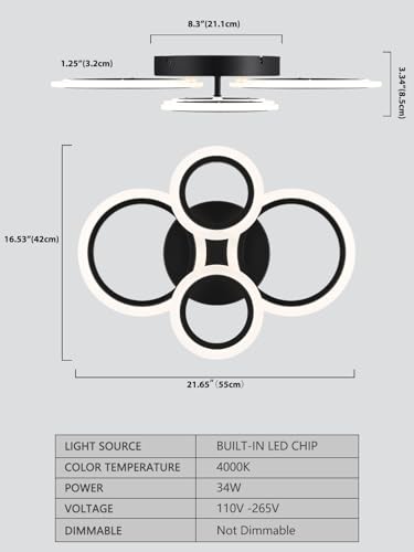 Vikaey Modern LED Flush Mount Ceiling Light, 4 Rings Black Close to Ceiling Light, Lighting Fixture Ceiling Lamp for Kitchen, Living Room, Bedroom, Laundry Room, 4000K Not dimmable