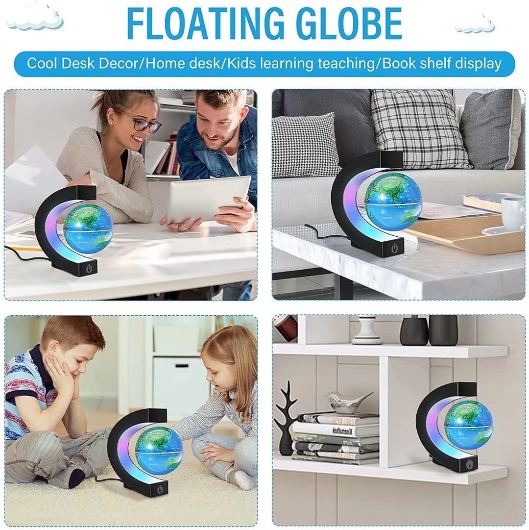 Magnetic Levitating Globe, Floating Globes with LED light, Anti Gravity World Map with C Shape Base, Desk Gadget Decor in Office/Home, Educational/Birthday Gifts for Kids