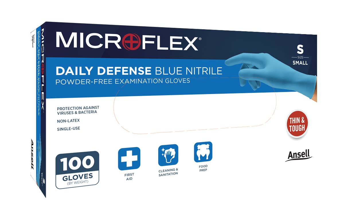 MICROFLEX 10-733 Daily Defense Disposable Rubber Gloves for Cleaning, Food Prep, First Aid - Small, Blue (Case of 1000)