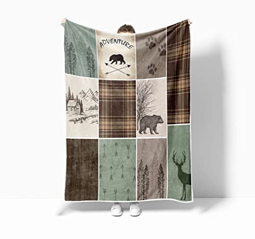 Cabin Retro Rustic Lodge Chunky Throw Blanket for Couch Bedroom Bedding Decor Office, Bear Deer Country Hunting Wild Animal Soft Thick Flannel Bed Blanket Decorations (1000 Grams 60X80 Inches)