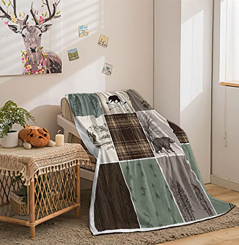 Cabin Retro Rustic Lodge Chunky Throw Blanket for Couch Bedroom Bedding Decor Office, Bear Deer Country Hunting Wild Animal Soft Thick Flannel Bed Blanket Decorations (1000 Grams 60X80 Inches)