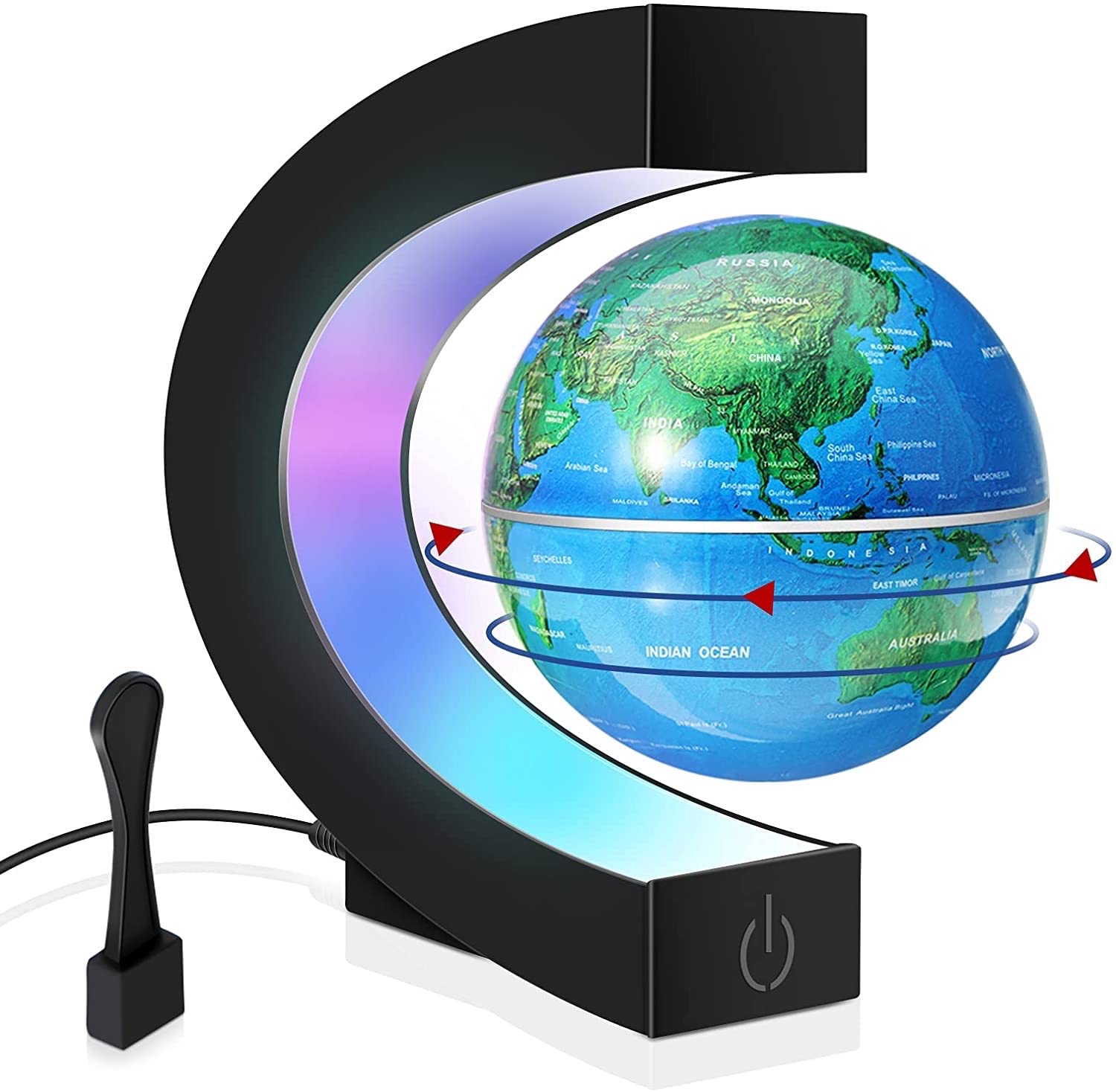 Magnetic Levitating Globe, Floating Globes with LED light, Anti Gravity World Map with C Shape Base, Desk Gadget Decor in Office/Home, Educational/Birthday Gifts for Kids