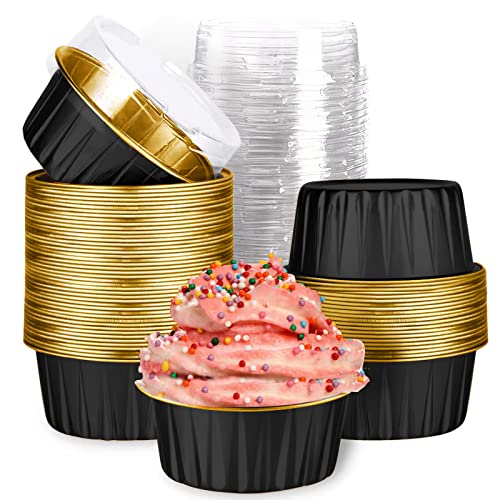 Mini Aluminum Foil Cupcake Baking Cups with Lids (40pcs, 5oz) Round Cupcake Foil Liners Tart Pie Tin Pan Holder - Disposable Mini Cake Containers Flan Molds for Pudding, Souffle, Party, Wedding