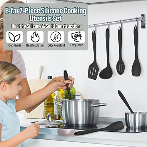 Silicone Cooking Utensils Set, E-far 7-Piece Black Heat Resistant Kitchen Utensils Set, Kitchen Nonstick Tools Spatula Ladle Spoon Pasta Server for Non-stick Cookware, Non-Toxic & Dishwasher safe