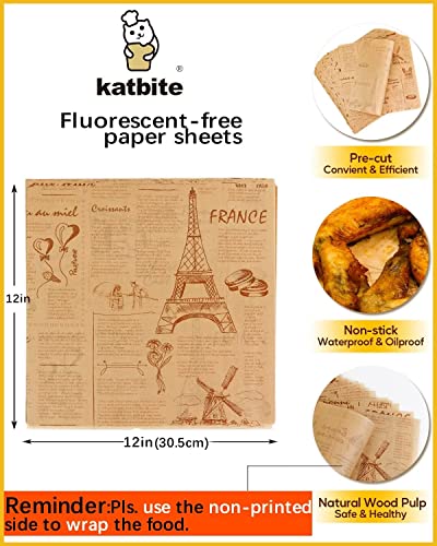 Katbite 100 Pcs Sandwich Wrapping Paper, Deli Paper Sheets 12x12 inch Food Basket Liners, Grease Proof & Non-stick Baking Parchment Paper is Perfect for Home, Picnic, Tray, Wrap, Burger and Burrito