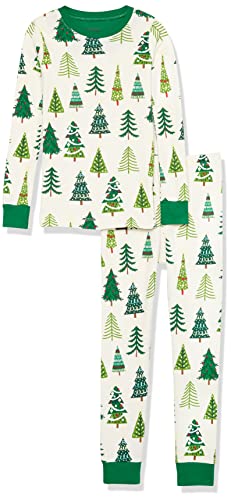 Hatley Girls' Organic Cotton Long Sleeve Printed Pajama Set, Glow-in-The-Dark Christmas Trees, 8 Years