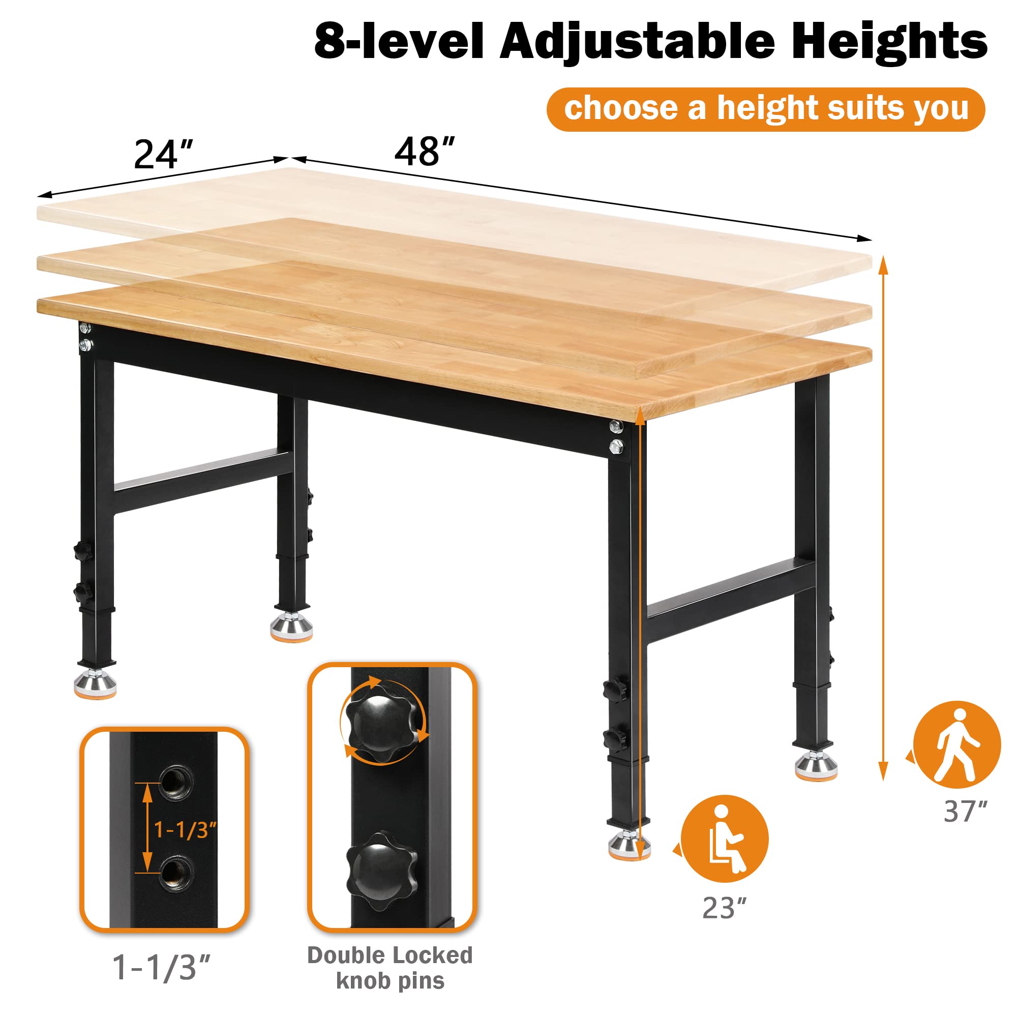 Betterhood 48" Heavy-Duty Adjustable Workbench for Garage, Rubber Wood Shop Table W/Rubber Pads, Hardwood Workstation Weight Capacity Over 2000 Lbs
