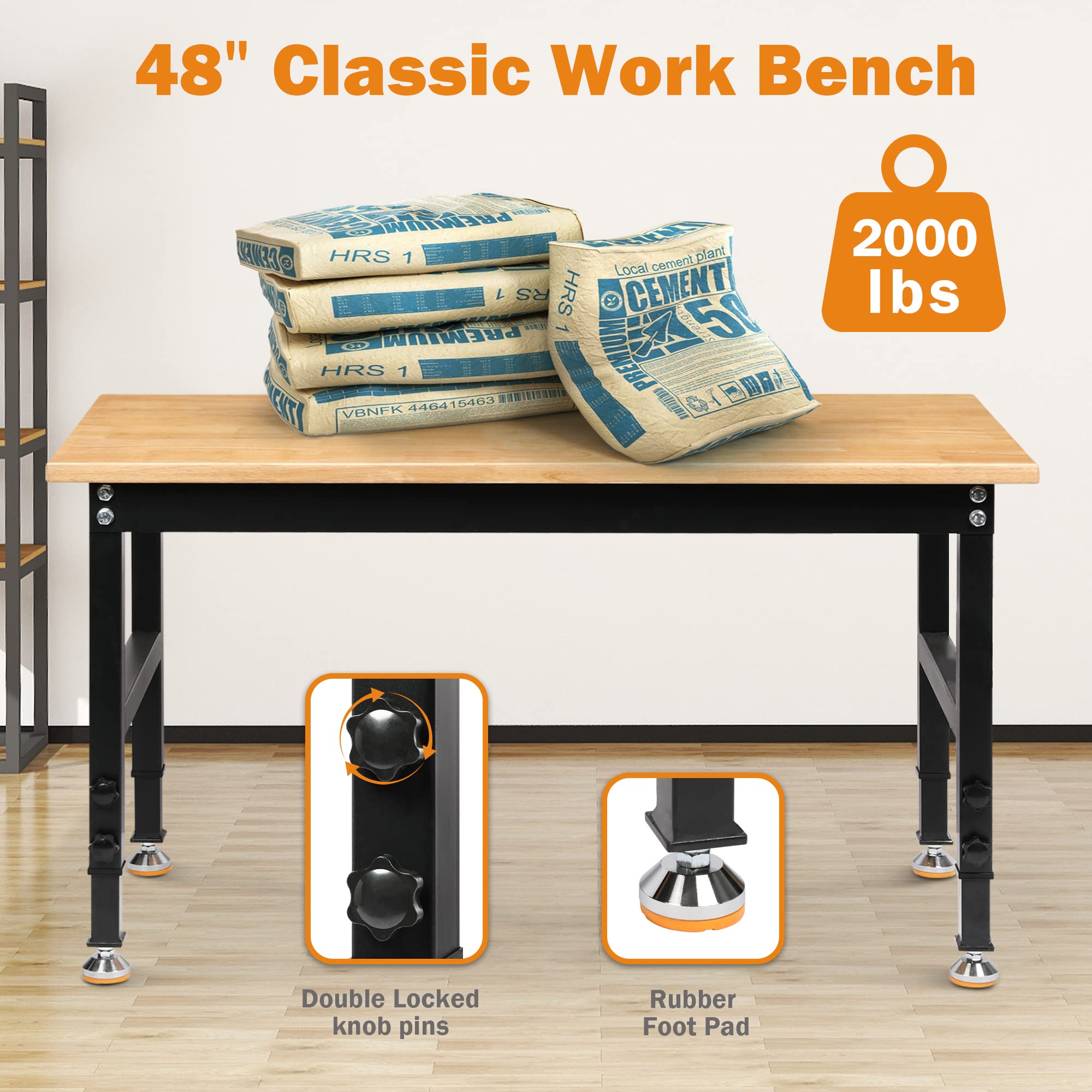 Betterhood 48" Heavy-Duty Adjustable Workbench for Garage, Rubber Wood Shop Table W/Rubber Pads, Hardwood Workstation Weight Capacity Over 2000 Lbs