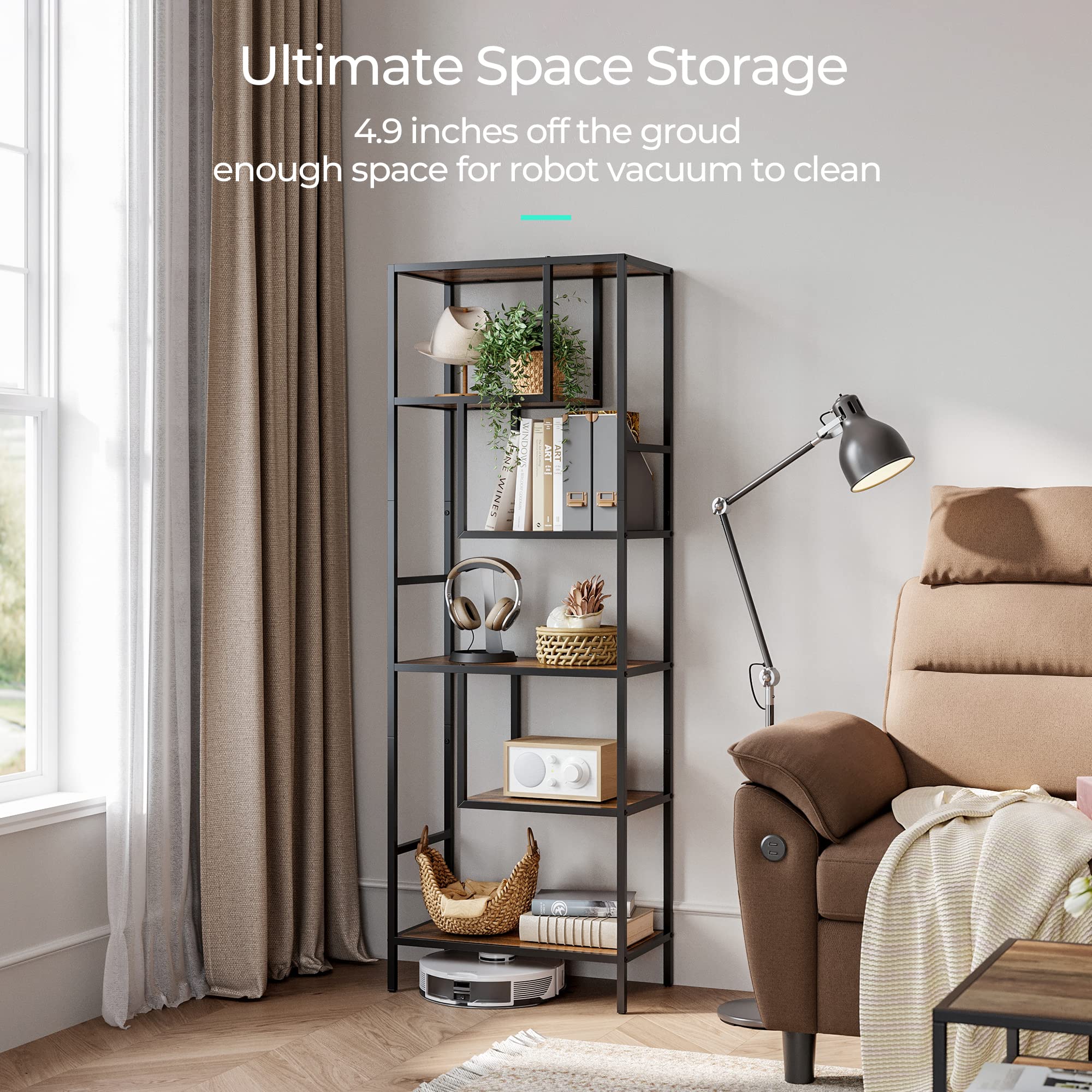 LINSY Home 5-Tier Bookshelf and Bookcase, 63" Tall Freestanding Bookcase, Storage Shelves for Library, Bedroom, Living Room, Home Office, White Oak