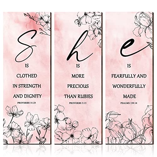 Qunclay 3 Pcs Pink Flower Inspirational Wall Decor Art Gift Wooden Motivational Hanging Christian Quotes Floral Decor for Women Girl Living Room Gift (11.81 x 3.94 x 0.2 Inch,Pink)