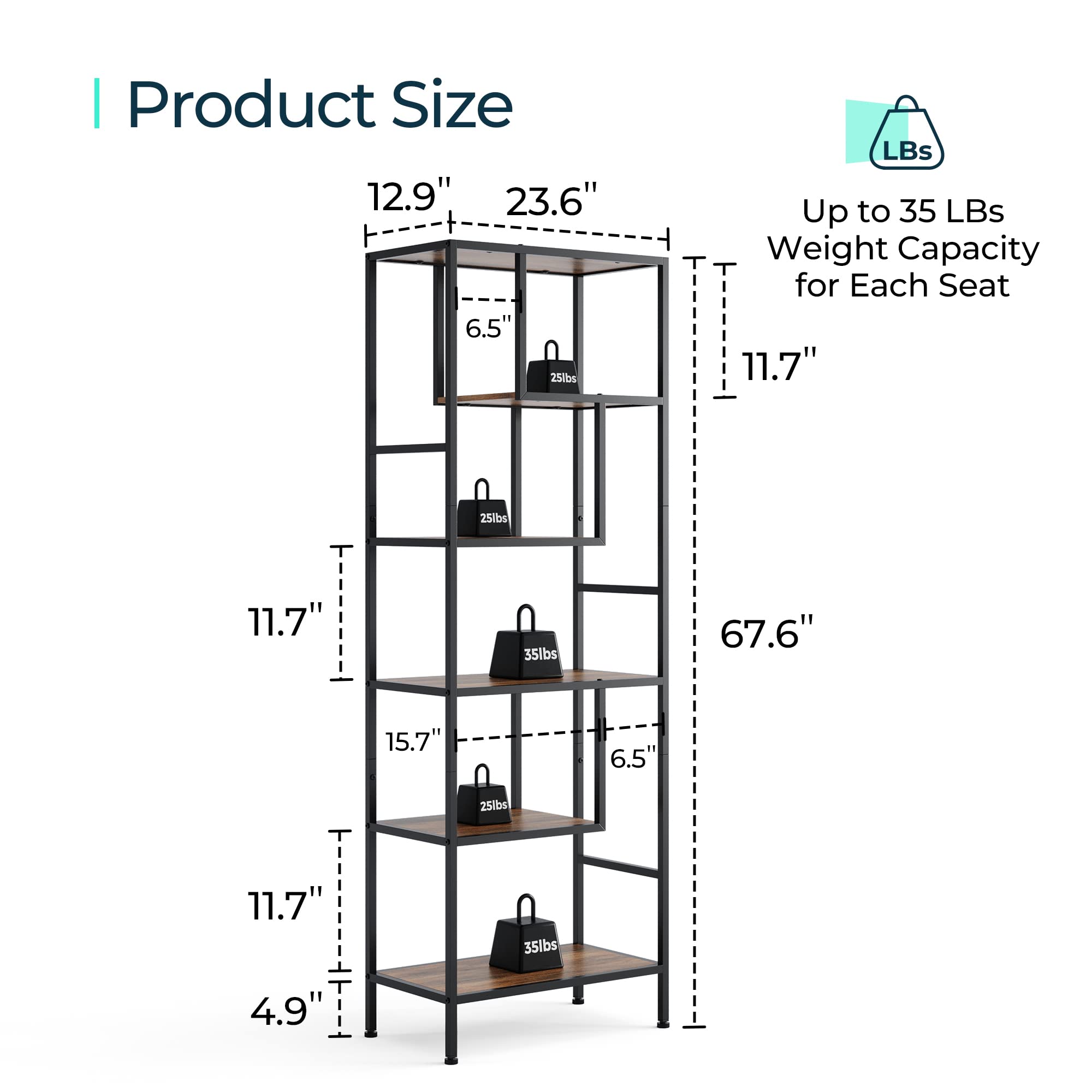 LINSY Home 5-Tier Bookshelf and Bookcase, 63" Tall Freestanding Bookcase, Storage Shelves for Library, Bedroom, Living Room, Home Office, White Oak