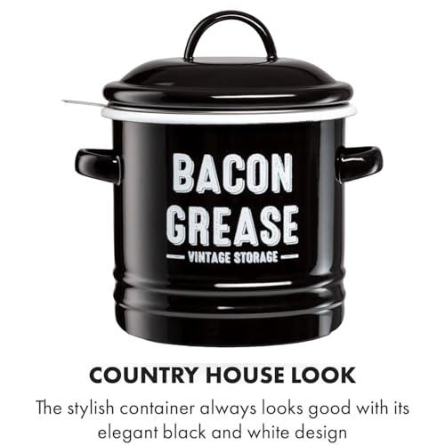 Granrosi Bacon Grease Container with Strainer - 36OZ Stainless Steel Bacon Grease Saver with Airtight Lid; Farmhouse Style Strainer - Black