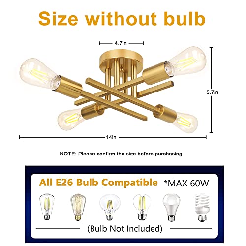 Tickjoy Modern 4 Light Semi Flush Mount Ceiling Light Fixture, Industrial Sputnik Chandelier Ceiling Lamp, Gold Farmhouse Lighting for Bedroom Kitchen Dining Room Living Room Hallway