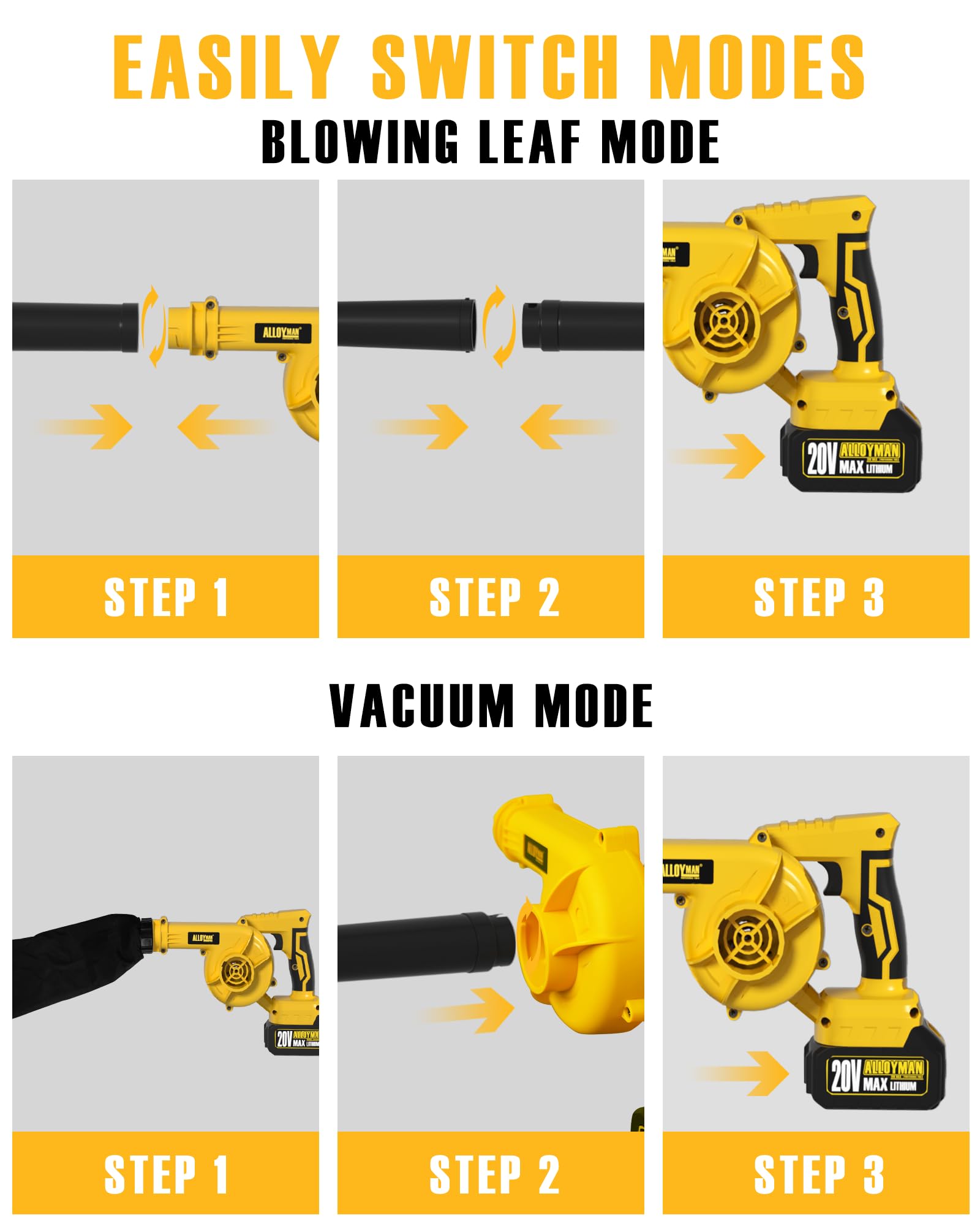 Alloyman Leaf Blower, 20V Cordless Leaf Blower, with 4.0Ah Battery & Charger, 2-in-1 Electric Leaf Blower & Vacuum for Yard Cleaning/Snow Blowing.