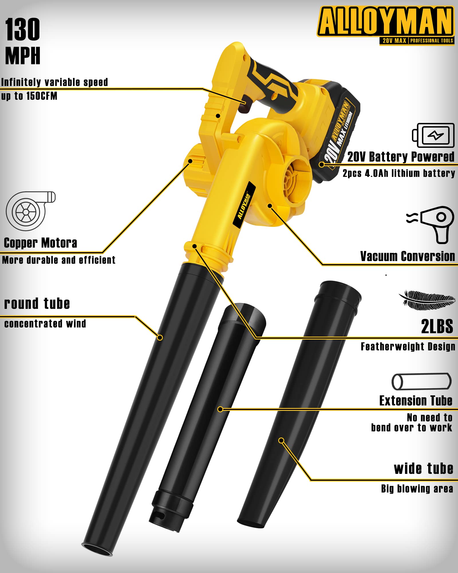 Alloyman Leaf Blower, 20V Cordless Leaf Blower, with 4.0Ah Battery & Charger, 2-in-1 Electric Leaf Blower & Vacuum for Yard Cleaning/Snow Blowing.