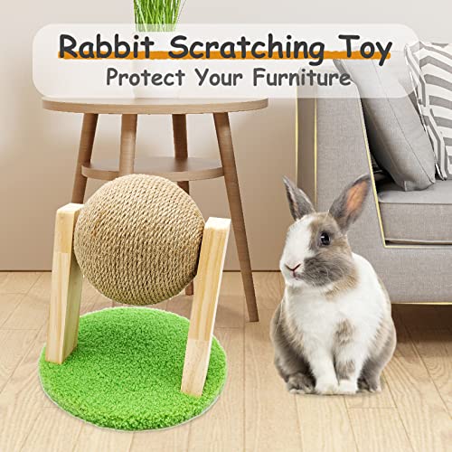 BNOSDM Rabbit Scratch Toy Natural Sisal Wood Rabbit Scratching Ball Toy Bunny Scratcher with Ball for Indoor Rabbits Bunnies Kittens Ferrets Chinchillas Small Animals (Medium)
