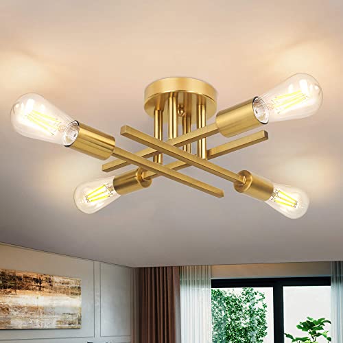Tickjoy Modern 4 Light Semi Flush Mount Ceiling Light Fixture, Industrial Sputnik Chandelier Ceiling Lamp, Gold Farmhouse Lighting for Bedroom Kitchen Dining Room Living Room Hallway