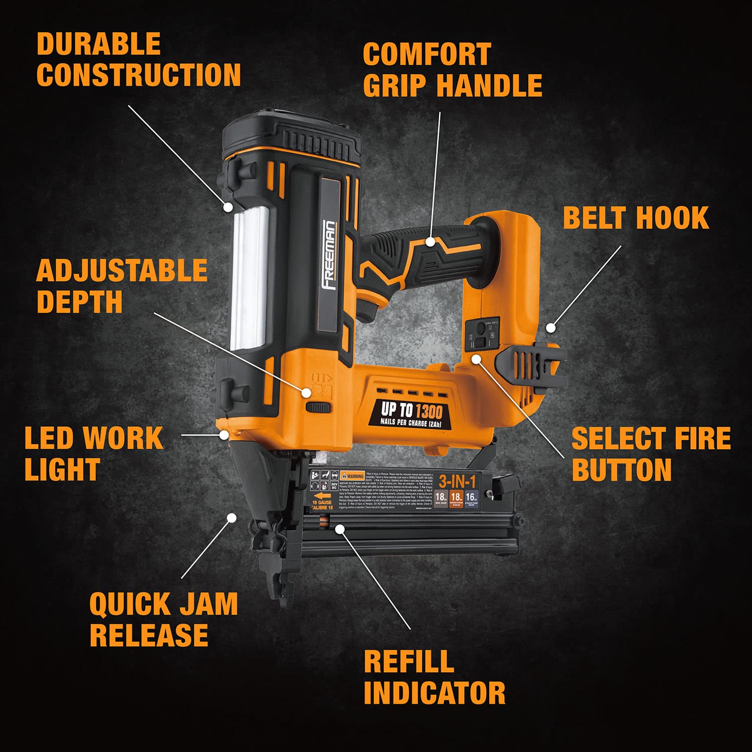 Freeman PE20VT31618 20 Volt Cordless 3-in-1 16 and 18 Gauge Nailer / Stapler (Tool Only) – 1300 Shots per Charge