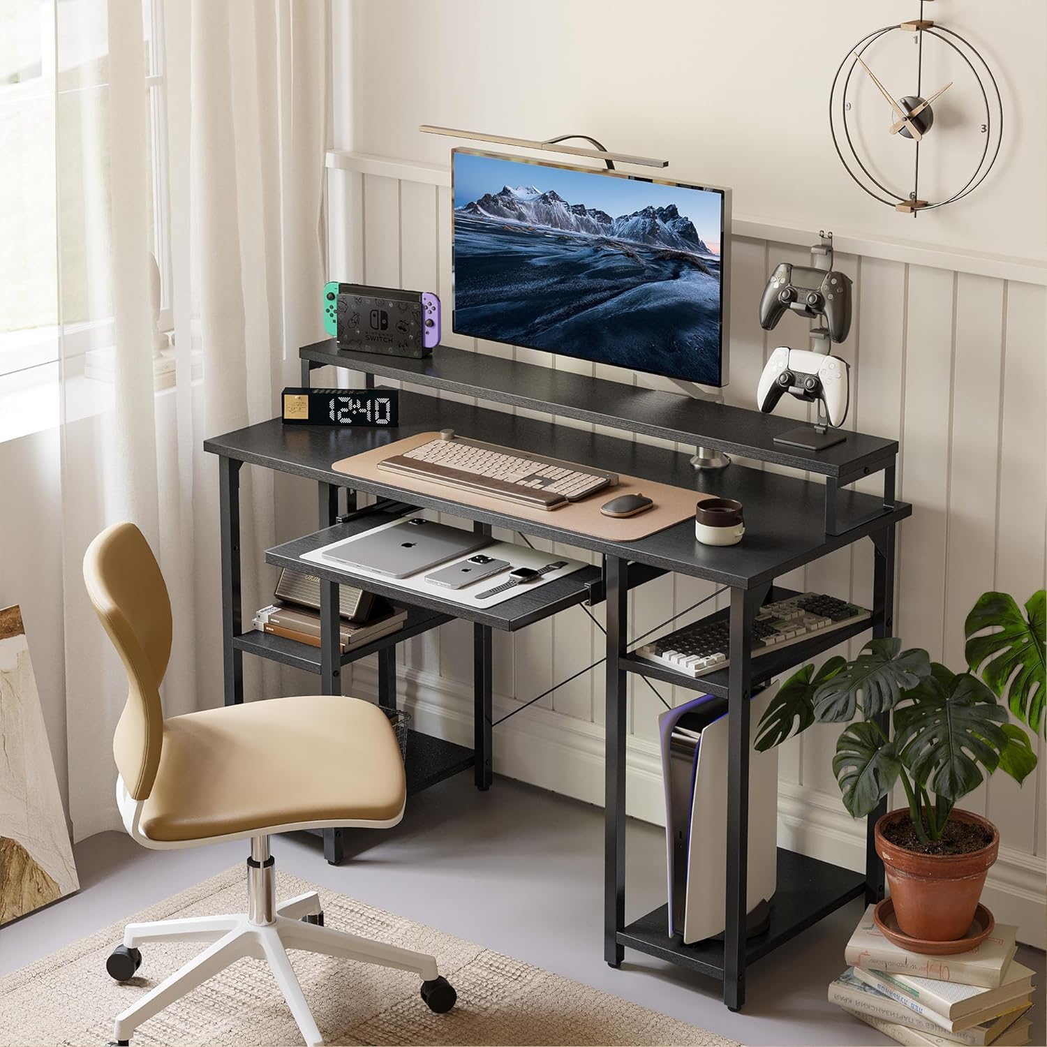 CubiCubi Computer Desk with Keyboard Tray, 47 Inch Office Desk with Monitor Stand and Storage Shelves, Music Studio Desk Workstation, Work Table for Home Office, Black