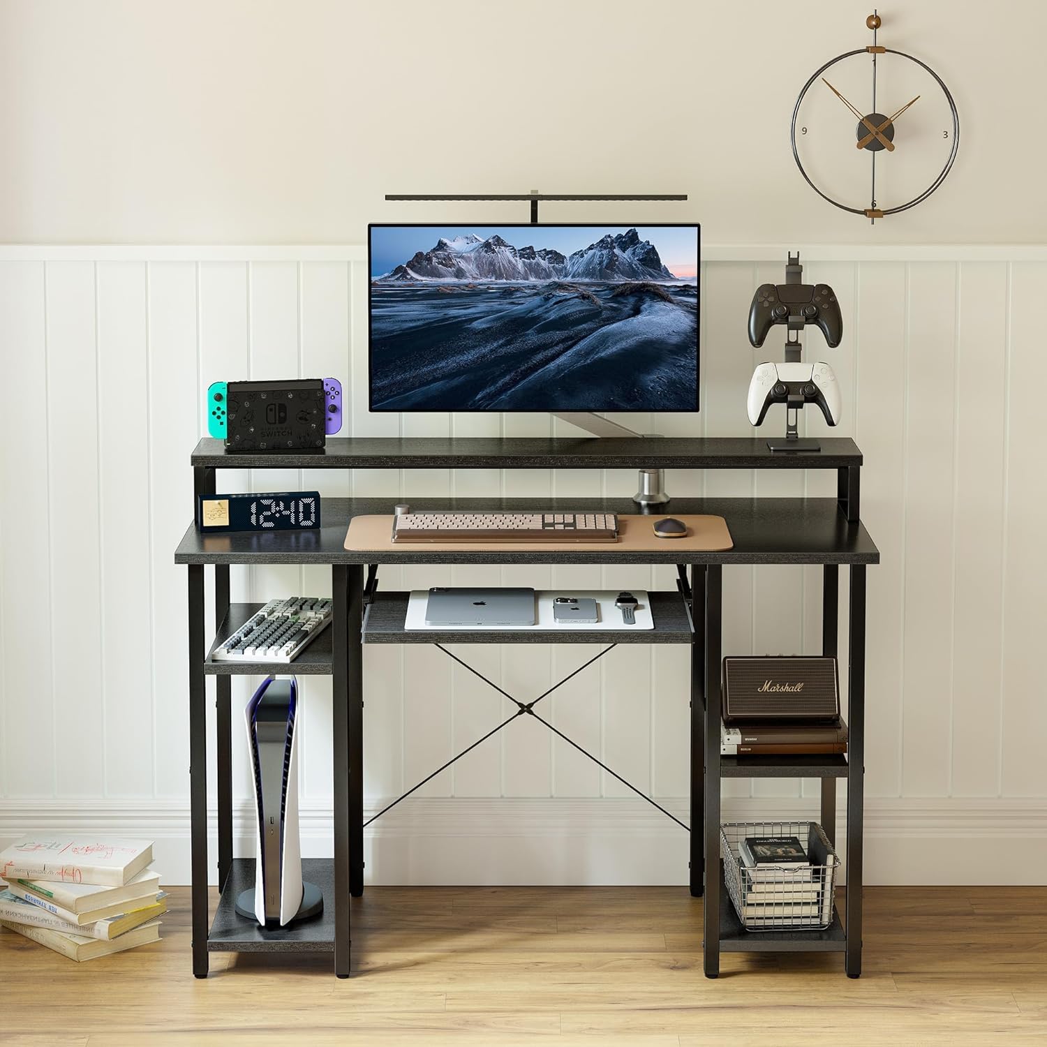 CubiCubi Computer Desk with Keyboard Tray, 47 Inch Office Desk with Monitor Stand and Storage Shelves, Music Studio Desk Workstation, Work Table for Home Office, Black