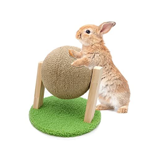 BNOSDM Rabbit Scratch Toy Natural Sisal Wood Rabbit Scratching Ball Toy Bunny Scratcher with Ball for Indoor Rabbits Bunnies Kittens Ferrets Chinchillas Small Animals (Medium)