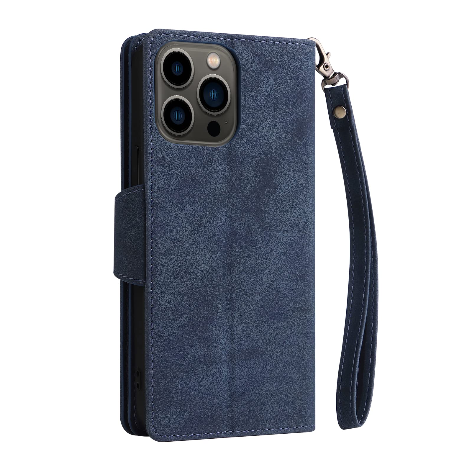QDSKY iPhone 13 Pro Max Cases, iPhone 13 Pro Max Wallet Case for Women with 9 Card Holders & Kickstand & Strap PU Leather Flip Case for iPhone 13 Pro Max 6.7, Blue