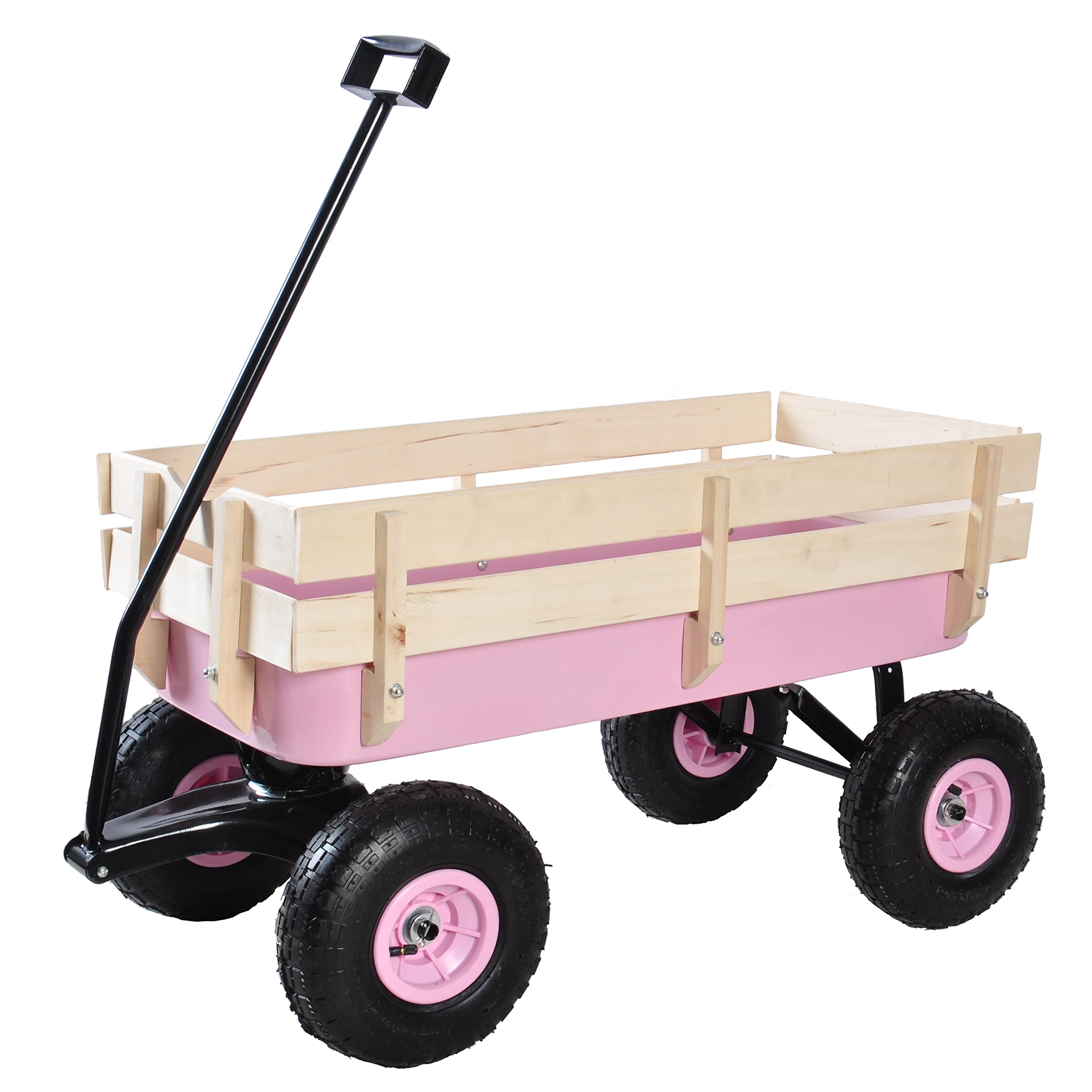 ZeHuoGe Pink Outdoor Sport Wagon All Terrain Pull with Removable Wooden Side Panels, 10-Inch Pneumatic Tires, Extra-Long Handle Folds Under for Easy Storage
