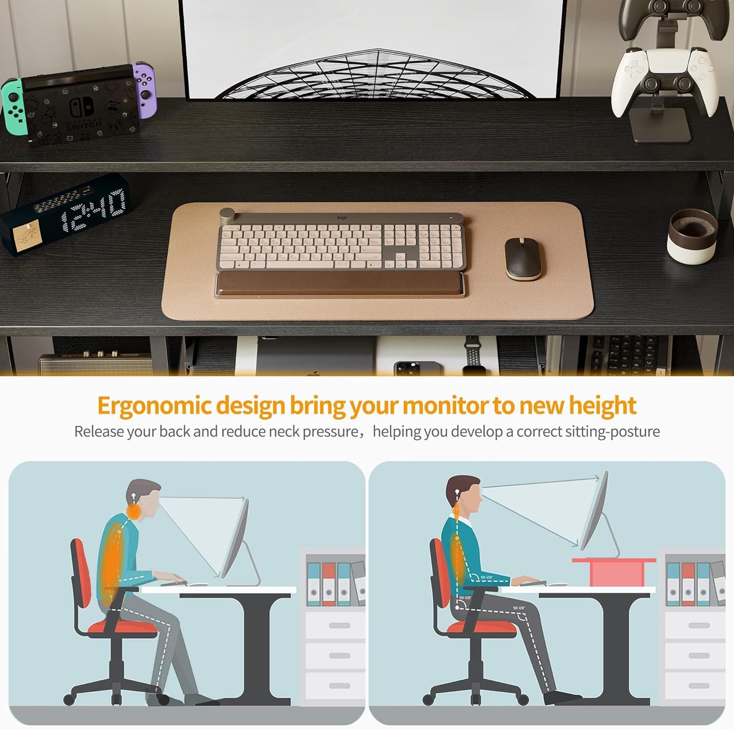 CubiCubi Computer Desk with Keyboard Tray, 47 Inch Office Desk with Monitor Stand and Storage Shelves, Music Studio Desk Workstation, Work Table for Home Office, Black