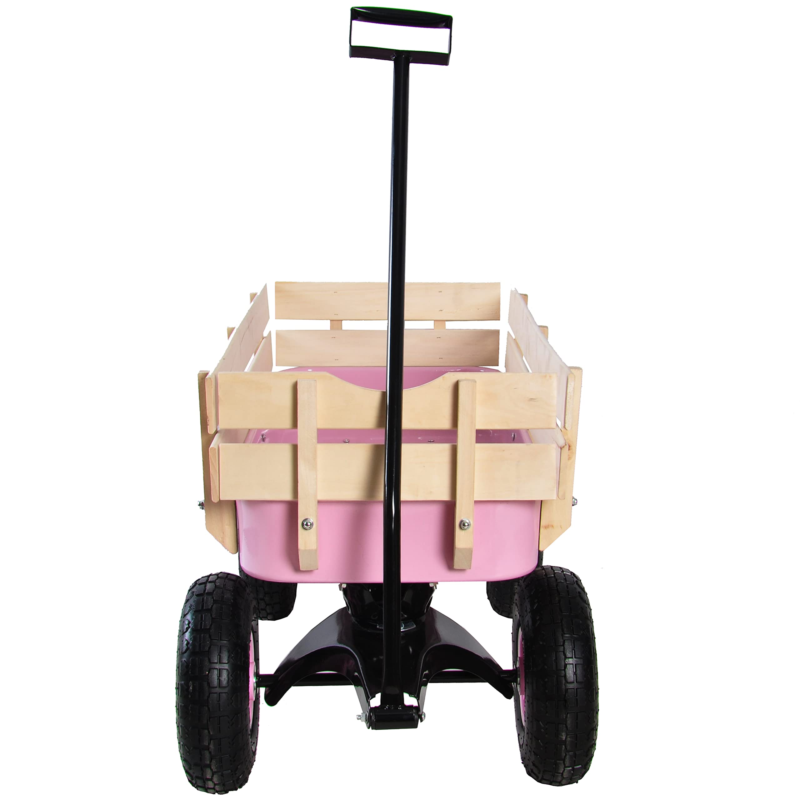ZeHuoGe Pink Outdoor Sport Wagon All Terrain Pull with Removable Wooden Side Panels, 10-Inch Pneumatic Tires, Extra-Long Handle Folds Under for Easy Storage