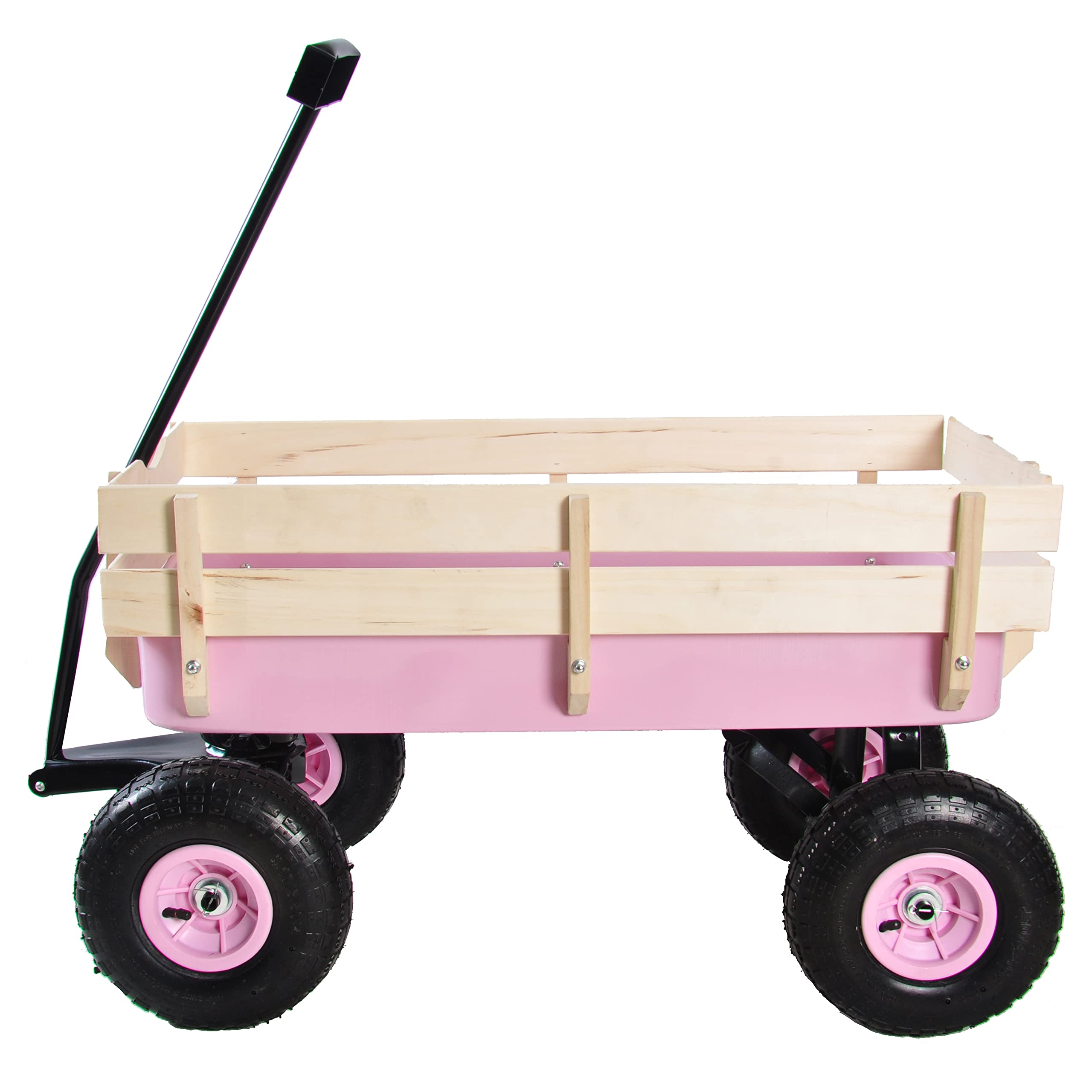ZeHuoGe Pink Outdoor Sport Wagon All Terrain Pull with Removable Wooden Side Panels, 10-Inch Pneumatic Tires, Extra-Long Handle Folds Under for Easy Storage