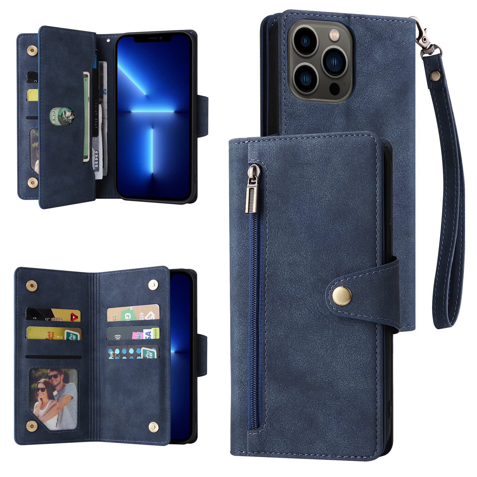 QDSKY iPhone 13 Pro Max Cases, iPhone 13 Pro Max Wallet Case for Women with 9 Card Holders & Kickstand & Strap PU Leather Flip Case for iPhone 13 Pro Max 6.7, Blue