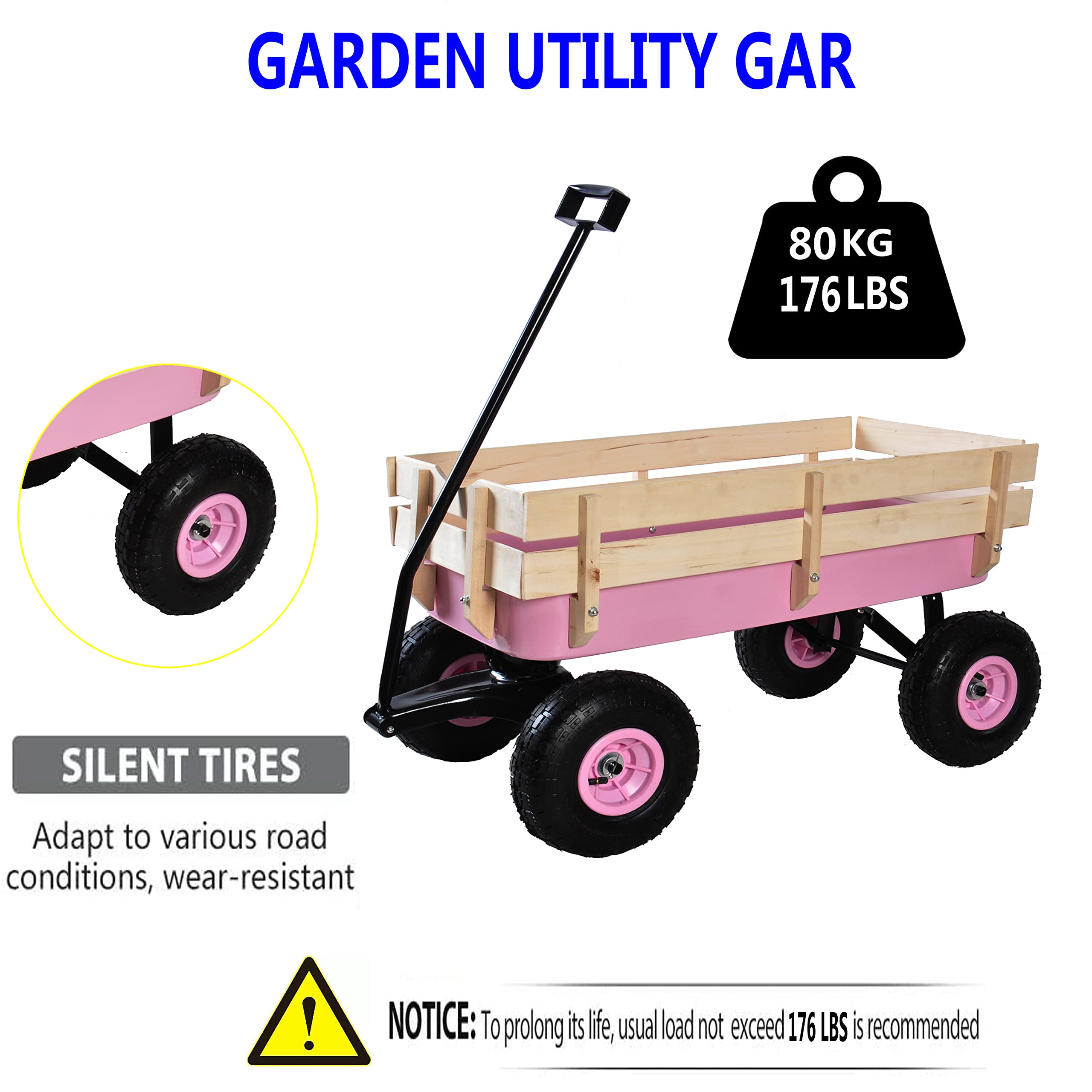ZeHuoGe Outdoor Sport Pink Wagon All Terrain Pulling w/Removable Wooden Side Panels Air Tires Big Foot Panel Wagon, Pull-Along Wagons (Pink)