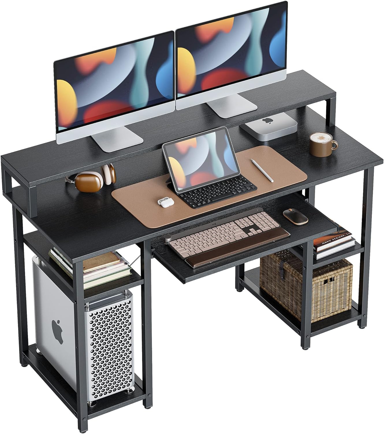 CubiCubi Computer Desk with Keyboard Tray, 47 Inch Office Desk with Monitor Stand and Storage Shelves, Music Studio Desk Workstation, Work Table for Home Office, Black