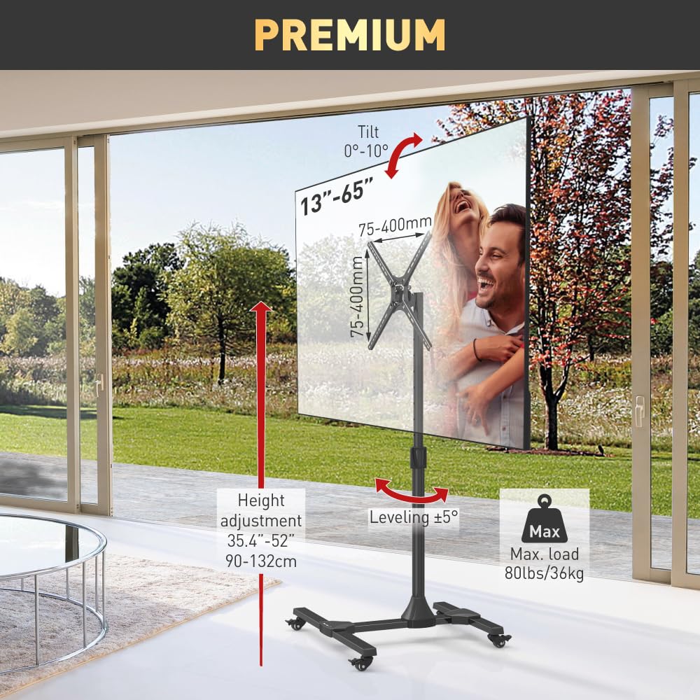 Barkan Mobile TV Cart 13-65 inch Tilt and Height Adjustment Stand, Holds Up to 80 lbs, Glossy Finish, Lockable Wheels, 5 Year Warranty, Rolling Trolley, Fits LED OLED LCD, Black