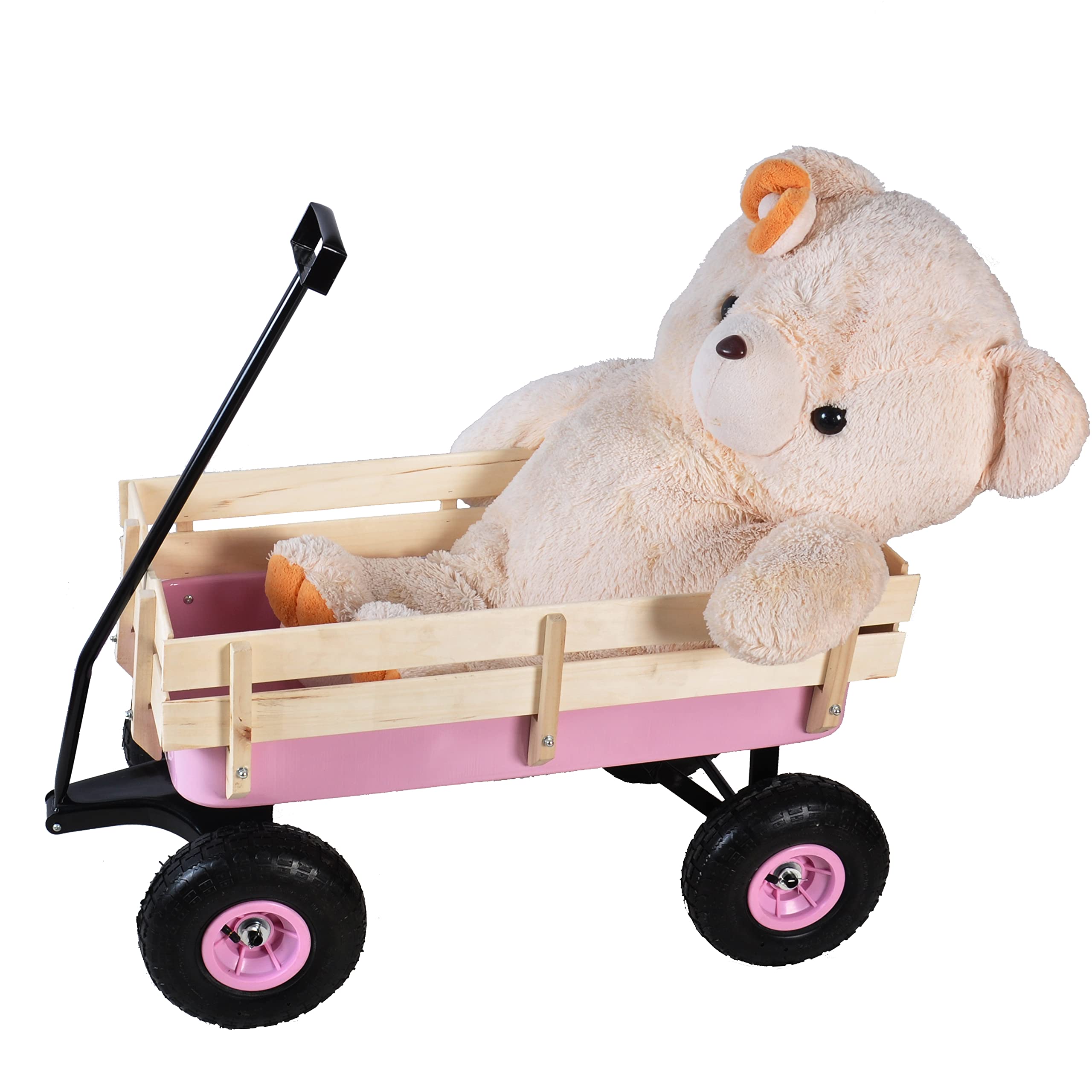 ZeHuoGe Outdoor Sport Pink Wagon All Terrain Pulling w/Removable Wooden Side Panels Air Tires Big Foot Panel Wagon, Pull-Along Wagons (Pink)