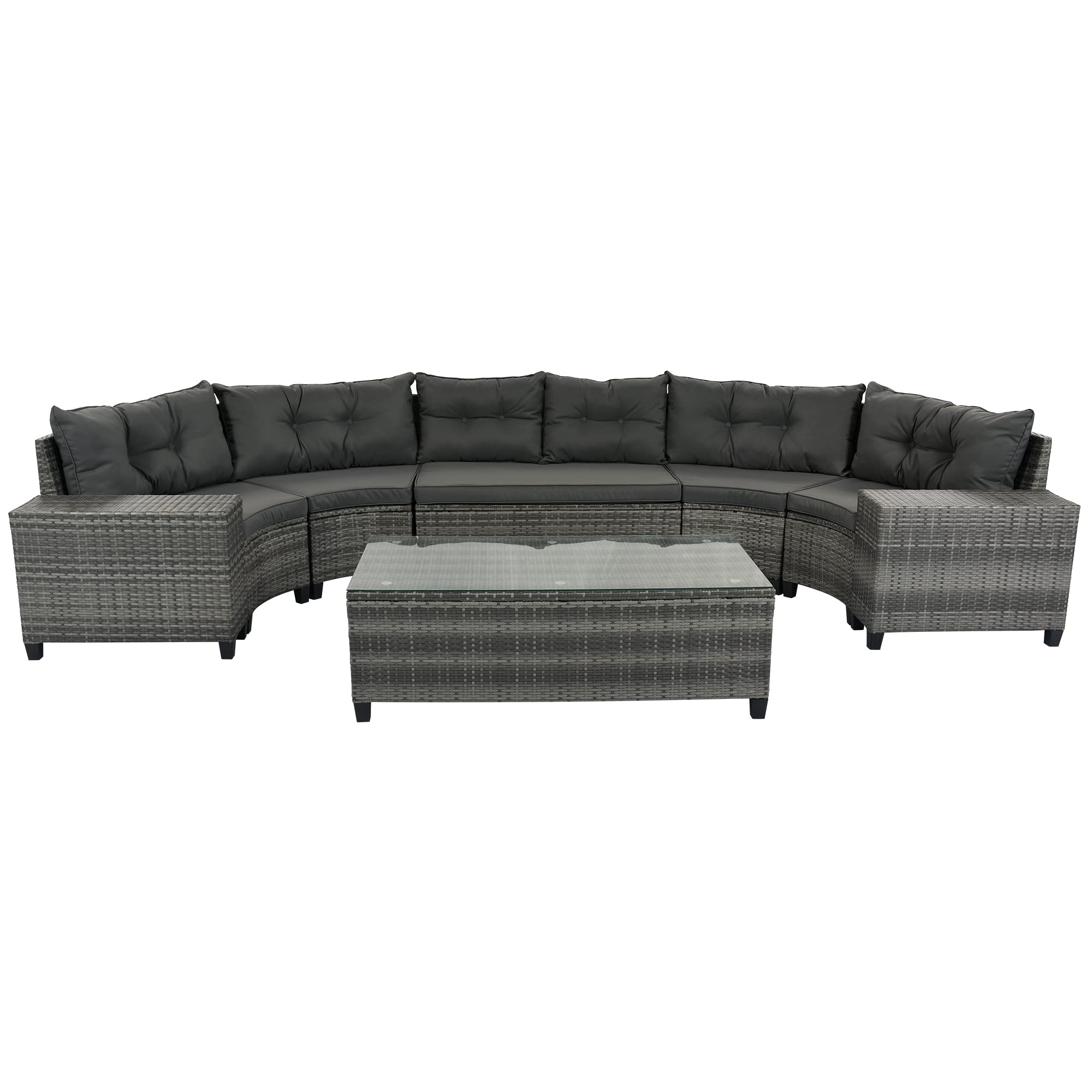 Merax 8-Pieces Outdoor Wicker Round Sectional Curved Sofa Set with Rectangular Coffee Table, PE Rattan Water-Resistant and UV Protected, Movable Cushion, Half-Moon Style, Grey_8Pcs