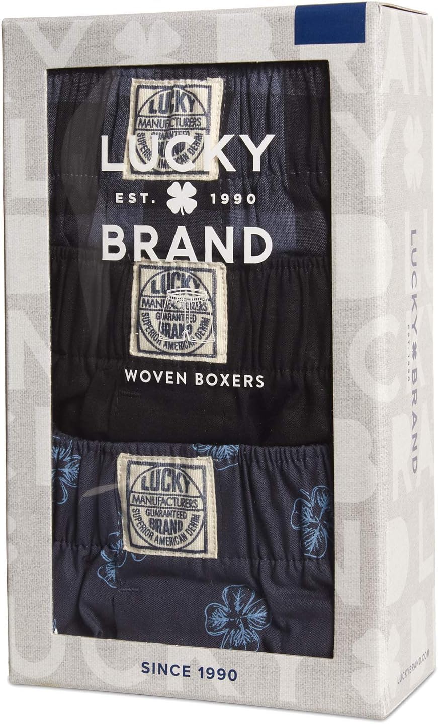 Lucky Brand Men's Boxer Shorts - 6 Pack Classic Cotton Woven Boxers for Men With Functional Fly, Relaxed Fit (Sizes: S-XXL), Size Large, Navy/Plaid/Print